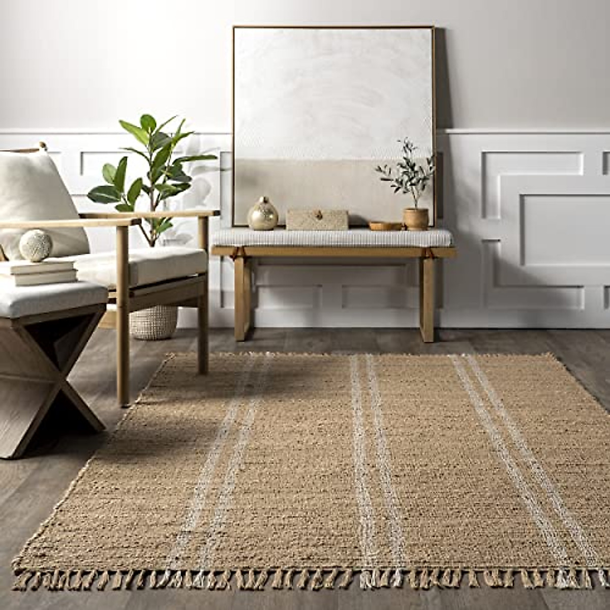 nuLOOM Vicky Striped Jute Blend Tasseled Area Rug, 5' x 8', Natural