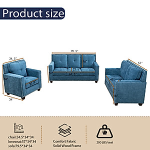 XRYZHC 1+2+3 Modular Sofa Set,Blue Linen 3-Piece Living Room Sofa Set, Including Single Chair, Loveseat, 3-Person Sofa,Rectangular Armrests,Rivet Decoration