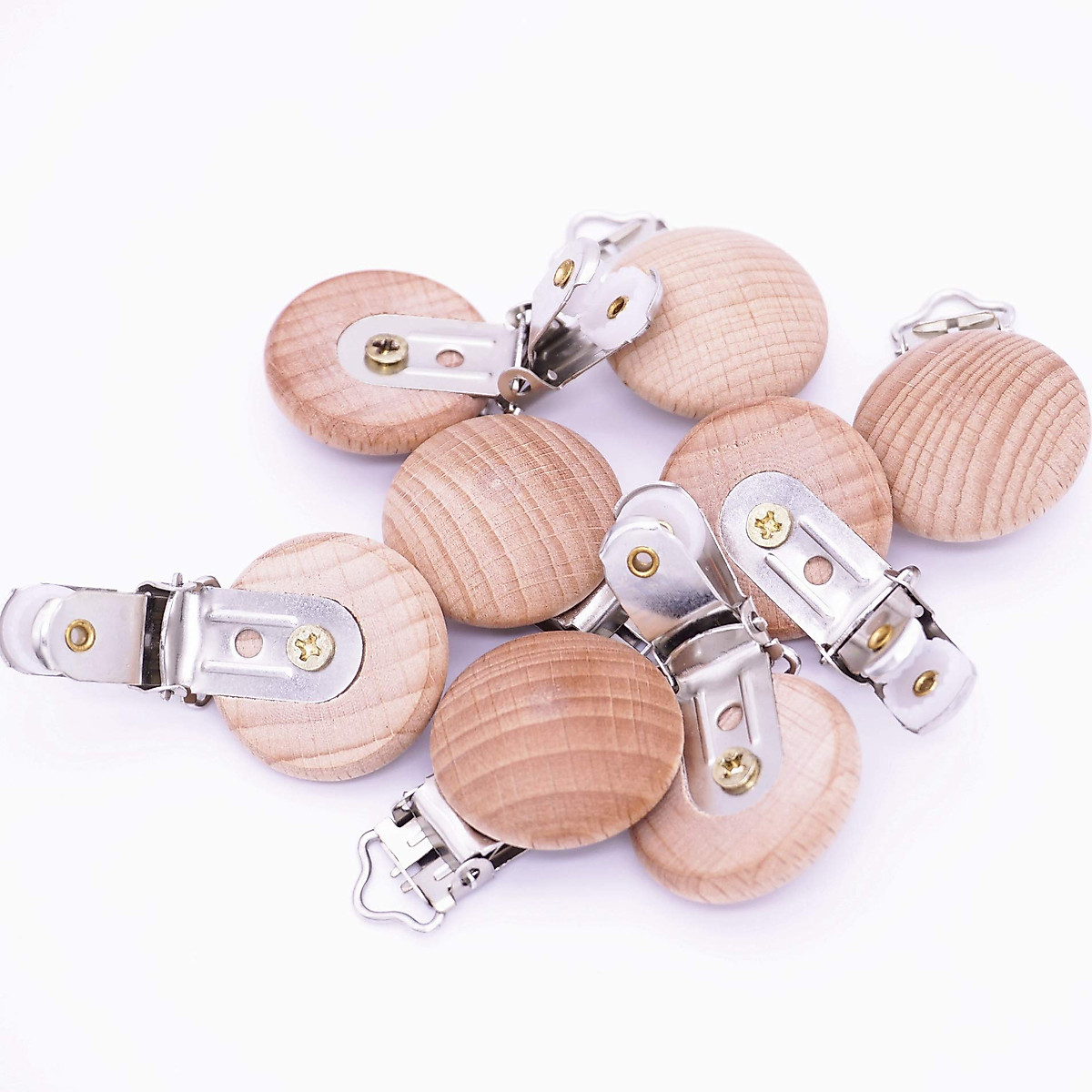 Sutoyuen 10Pcs 30mm (1.18") Natural Wood Pacifier Holder Round Beech Metal Teether Wooden Teething Beads Suspender Clips DIY Pacifier Accessories