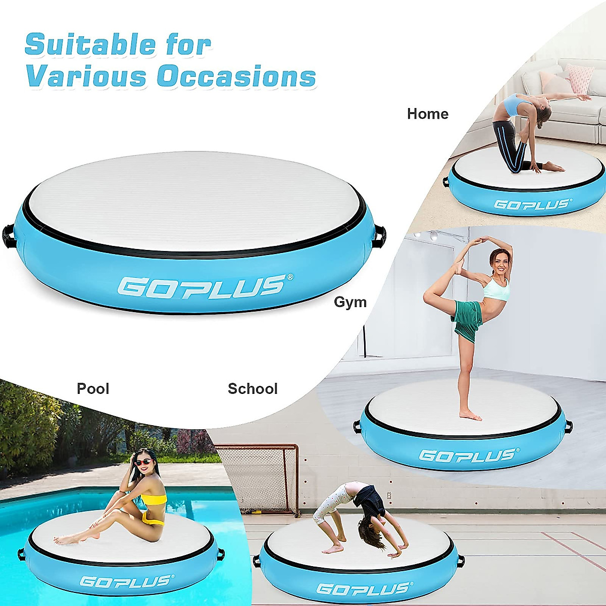 Goplus Inflatable Round Gymnastic Mat, 8” Thick Air Roller Tumbling Exercise Training Mat with Electric Air Pump, Waterproof Durable Air Spot Air Mat Set Yoga Floor Mat for Home Gym School (Blue)