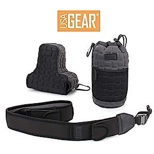 USA GEAR FlexARMOR-X Large Lens Case Pouch with Deluxe Padded Neoprene Protection - Holds Lens up to 70-300mm with Drawstring Opening, Built-in Carabiner Clip, Reinforced Belt Loop and Zippered Pocket