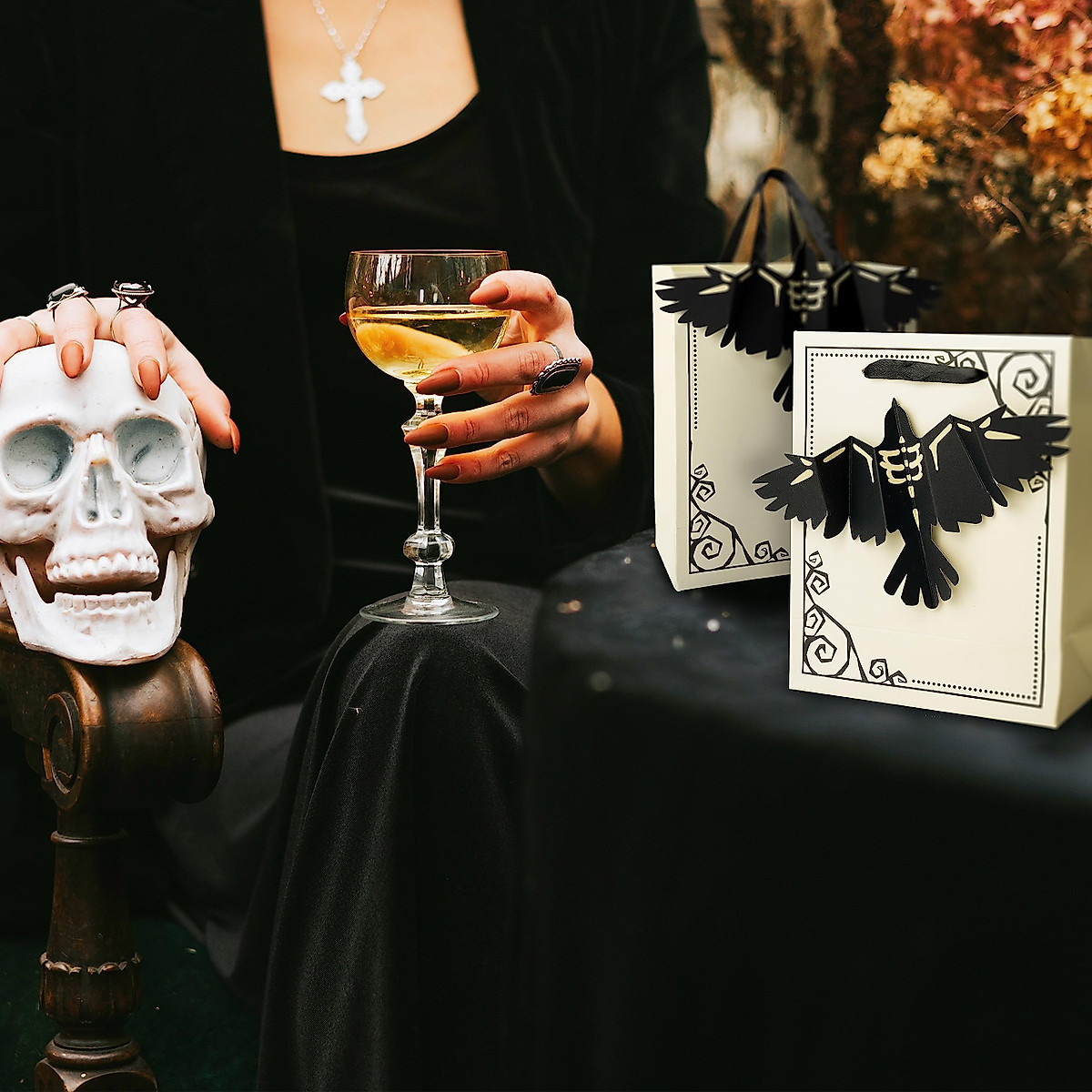 Cheerland 8pcs Halloween Party Favor Bags with Gothic Paper 3D Crow for Birthday Baby Shower Paper Bags Snack Bag Raven Goodie Bag Candy Bag with 3D Crows Party Supplies Trick or Treat Bag