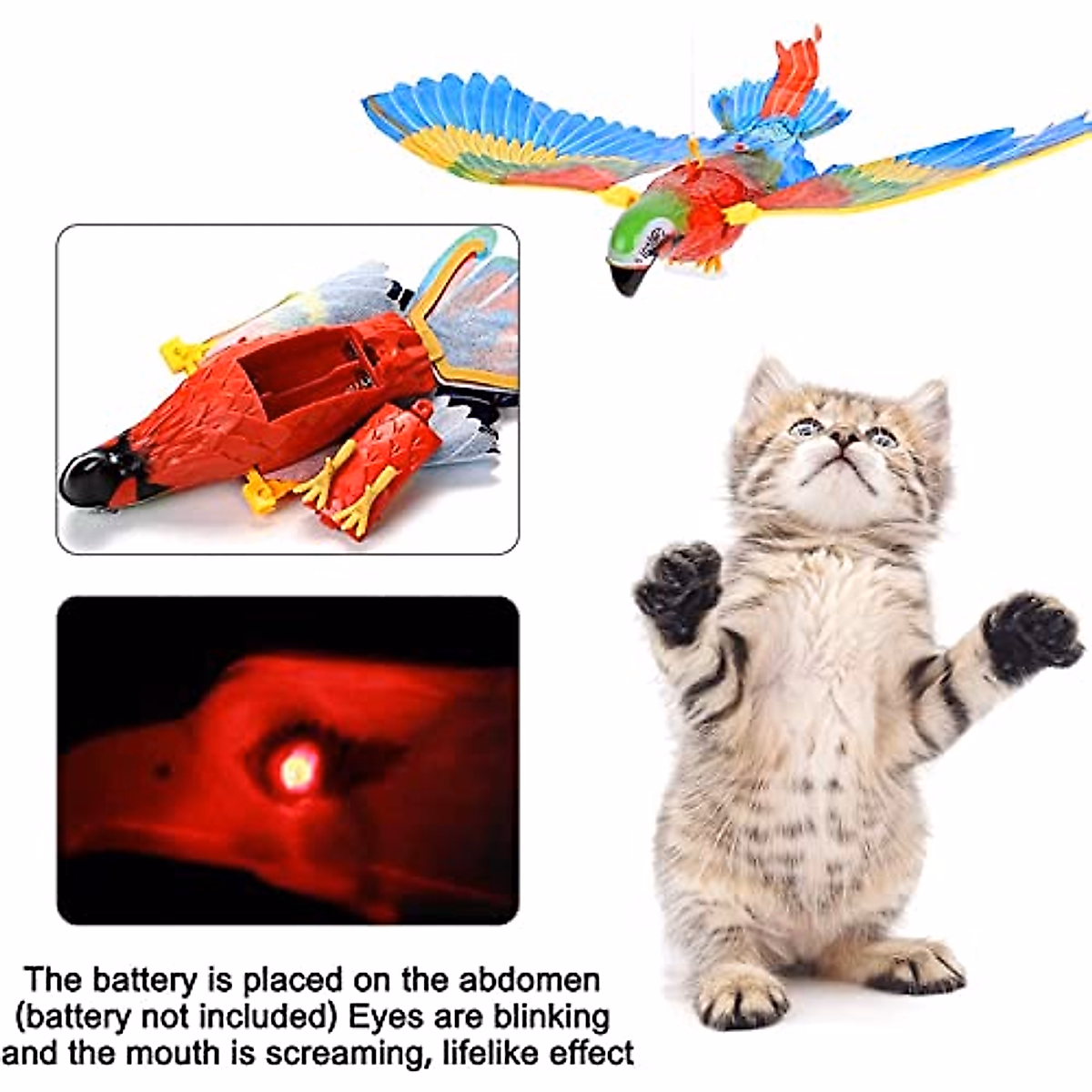 Simulation-Bird-Interactive-Cat-Toy, Flying Bird Cat Toy,Electric Toy Bird For Cats,Flashing Music Funny Cat Toy Cats Kitten Play Hunting Exercising Eliminating Boredom (Parrot1PCS) Pole not included