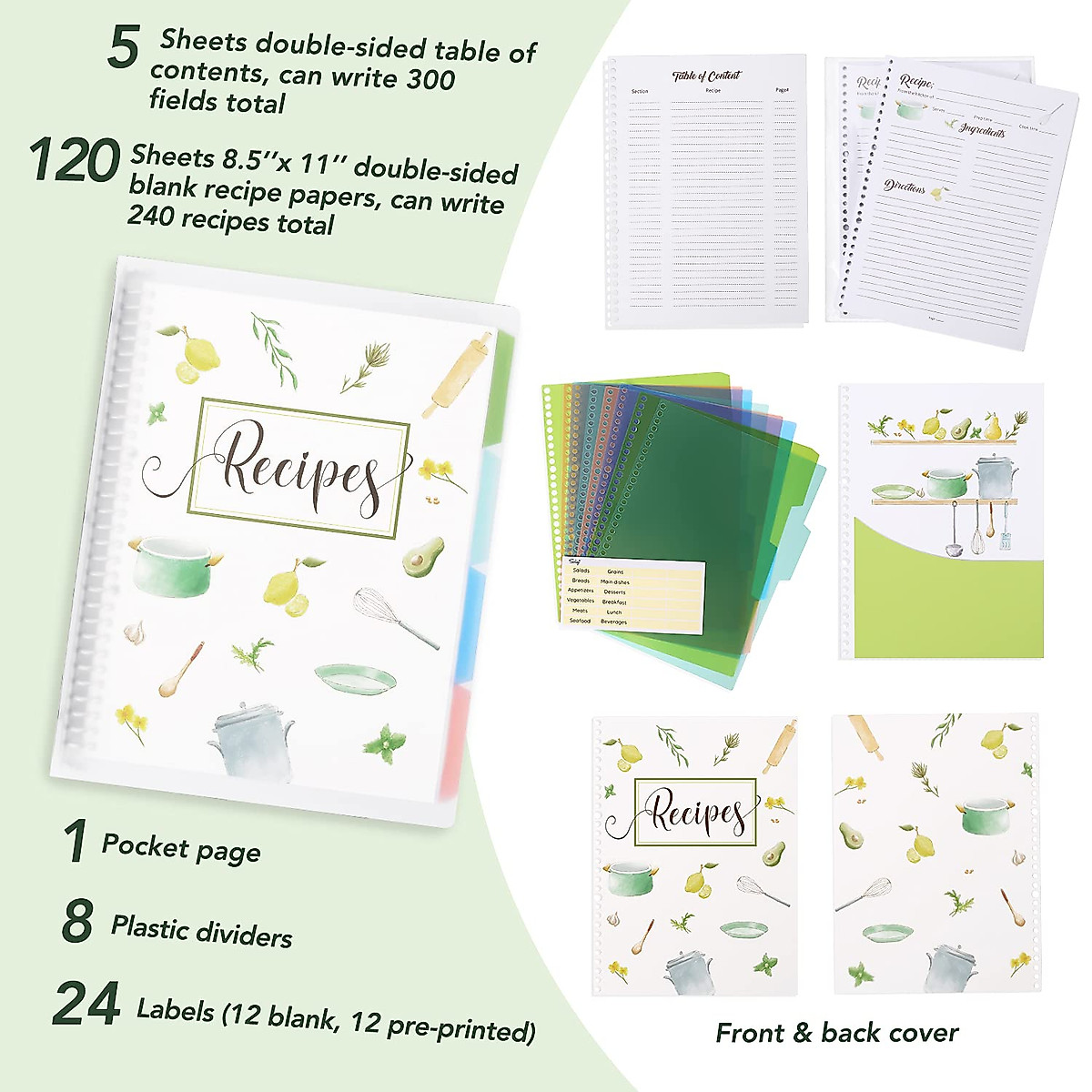 Recipe Book to Write in Your Own Recipes, 8.5" x 11" Personal Blank Recipe Notebook, Removable Hardcover Recipe Journal Book Binder with 8 Dividers and 24 Tabs, Hold up to 240 Recipes