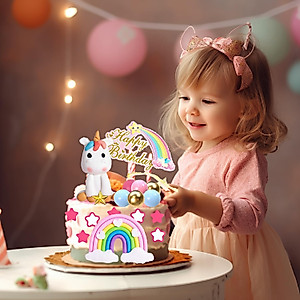 29 PCS Unicorn Cake Topper, Unicorn Cake Decorations with Rainbow Stars Unicorn Balls Happy Birthday Cake Decorations for Boys Girls Kids Birthday Party Baby Shower Supplies