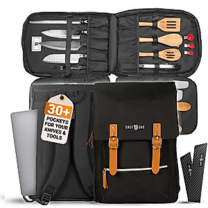 Chef Knife Bag Vintage Backpack | 30+ Pockets for Knives and Chef Tools | Knife Carrying Case with Hidden Back Pocket for Tablet | Sturdy Knife Bag for Chefs & Culinary Students (Black)