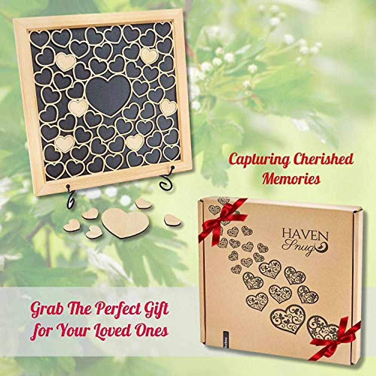 HavenSnug Guest Book Alternative Picture Frame - 55 Small and 1pc Big Wooden Heart for Funeral Guest Book, Memorial Gift, Wedding, Baby Shower, Bridal Shower, Anniversary, Birthday, Retirement