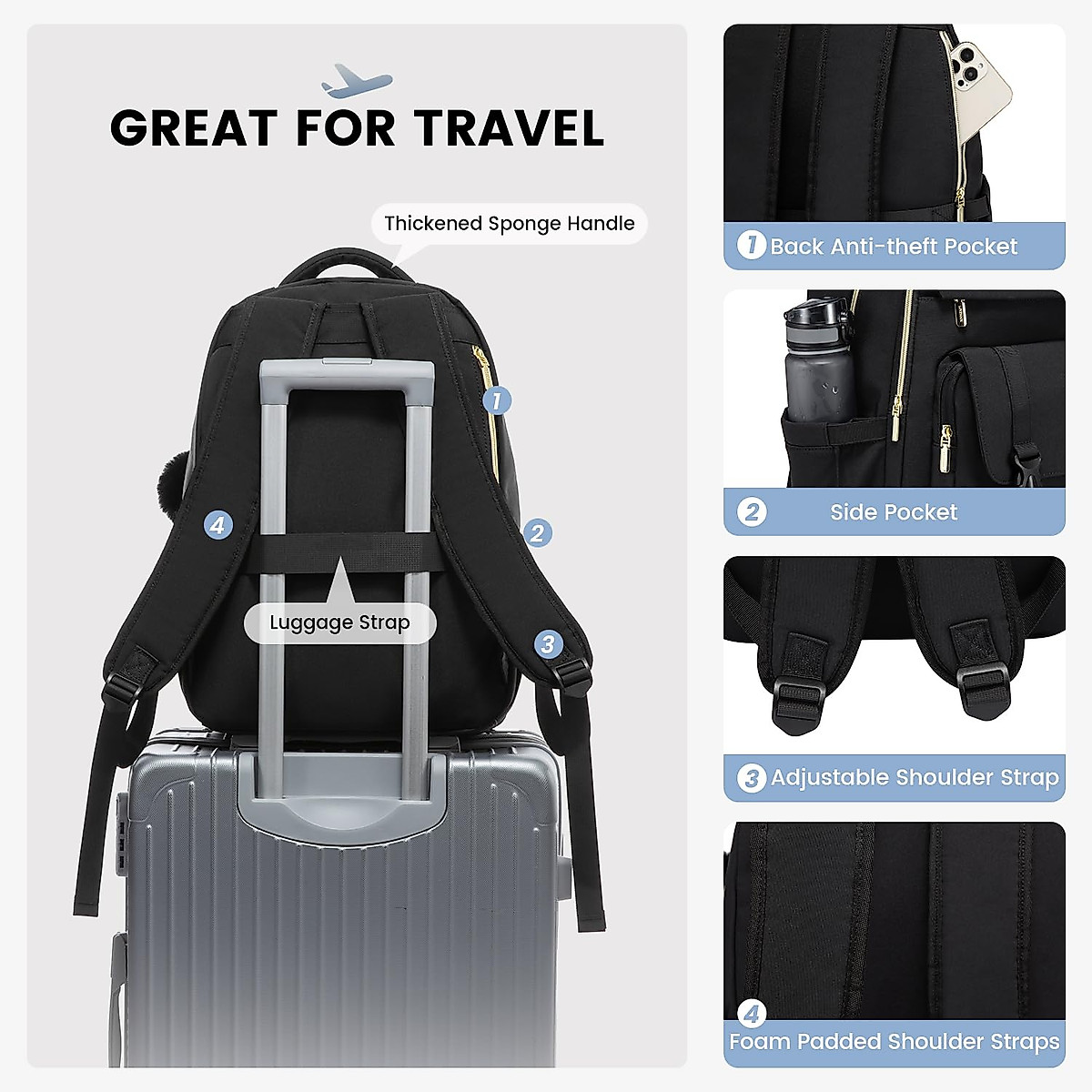 LOVEVOOK Cute Backpack Purse for 14-16 Year Olds, Fit 15.6 Inch Laptop Fashion Backpack for Women, Lightweight Waterproof Casual Backpack for College Essential, Durable Travel Daypack, Black