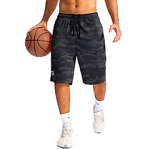 Men's Basketball Shorts with Zipper Pockets Lightweight Quick Dry 11" Long Shorts for Men Athletic Gym(Gray Camo,L)