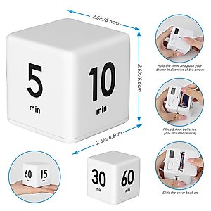 welltop Cube Timer, 2 Pack Kitchen Timer with 4 LED Light Alarm Kids Child Exercise Workout Gravity Sensor Flip Timer for Time Management and Countdown Settings (White - 1 3 5 10 and 15 20 30 60 min)
