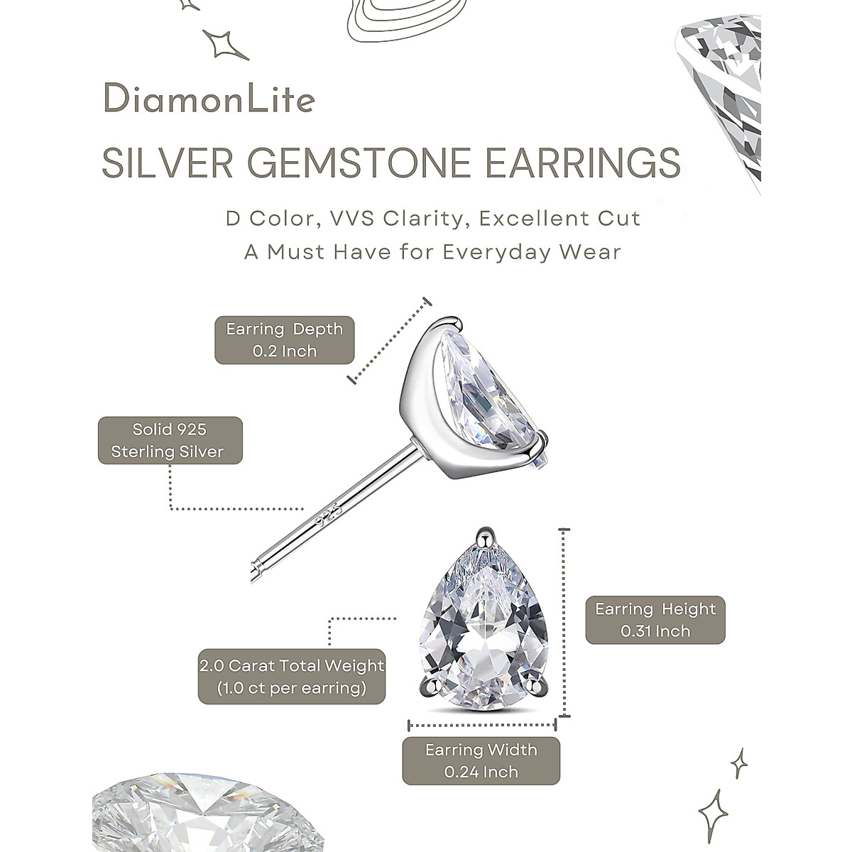 DiamonLite 2 Ct Teardrop CZ 925 Sterling Silver Studs Earrings for Women and Men - Pear Cubic Zirconia Earrings Studs, 925 Silver Cubic Zirconia Earrings, Silver Studs Earrings for Women and Men