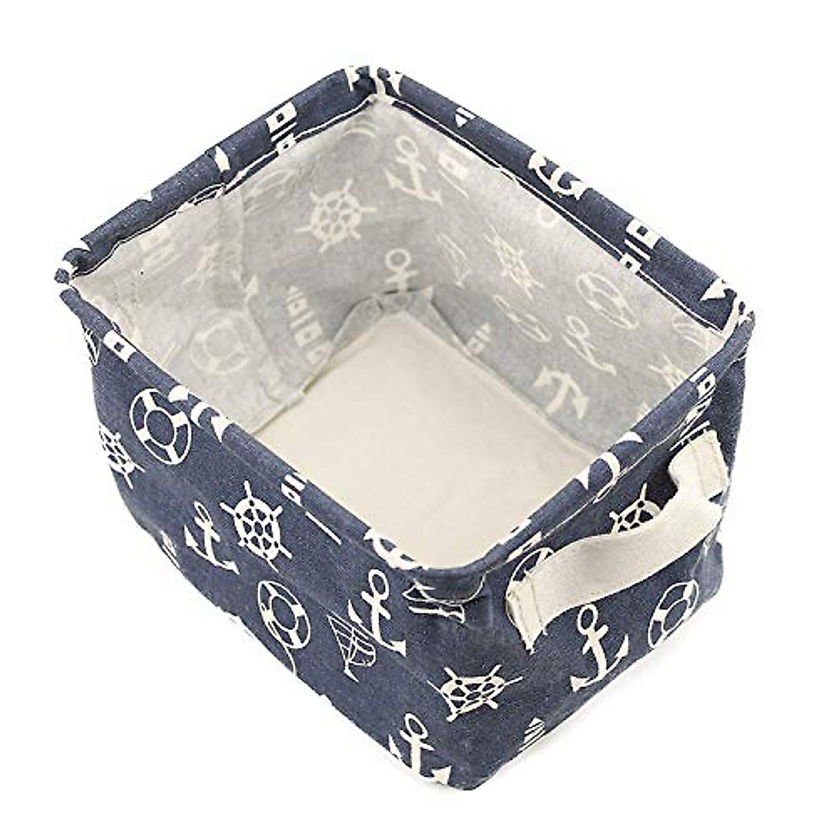 Orino Waterproof Nursery Nautical Fabric Small Storage Baskets Beach Anchor Theme Collapsible Portable Storage Bins with Handle for Cloth, Toys, Books, Sundries, Set of 3