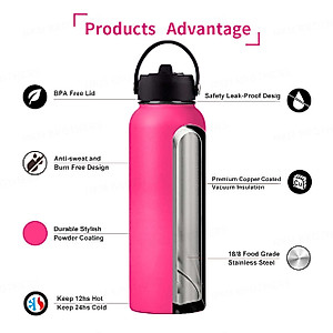 HKM Brothers Insulated Stainless Steel Water Bottle - Straw-Spout-Handle Lids, Vacuum Wide Mouth Reusable Metal Water Bottles - Pink