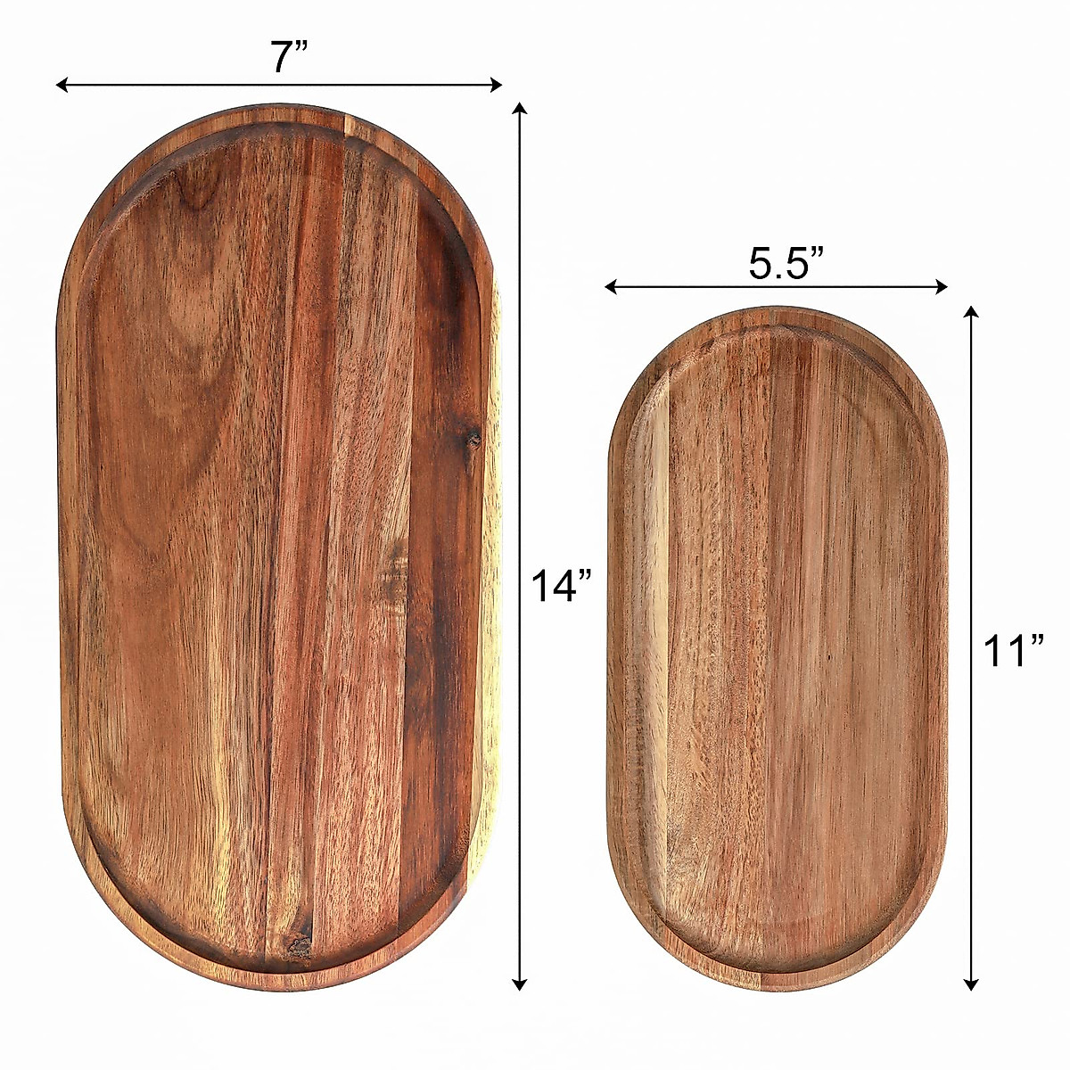 Elsjoy Set of 2 Acacia Wooden Serving Trays, Natural Wood Serving Platters Set with Lip, Oval Charcuterie Plates Board Rustic Long Bread Fruit Dishes for Kitchen Decor, 14"x7" and 11"x5.5"