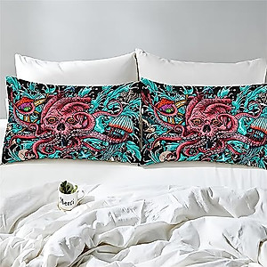 EXINBU Octopus Duvet Cover Set, Full Size Scary Red Skull Octopus Tentacle Bedding Set, Surf Mushroom Sea Monster Duvet Cover, 4 Piece with Gothic Sheet Pillowcases, Happy for Boys Girls