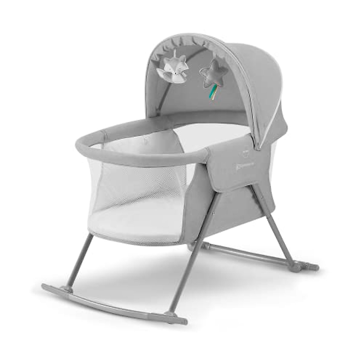 Kinderkraft LOVI Travel Bassinet for Baby in Grey, Portable Folding Baby Bed with Built-in Mosquito net, Adjustable Hood and an Additional Cradle Function