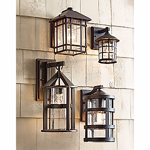 kathy ireland Sierra Craftsman Art Deco Outdoor Wall Light Fixture Rubbed Bronze Brown Steel 11" Frosted Seeded Glass Panels for Exterior House Porch Patio Outside Deck Garage Front Door Home