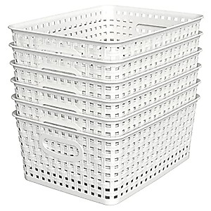 Woven Plastic Storage Baskets, 6 Pack White Weave Bins Organizer, 10.1" x 7.55" x 4.1"