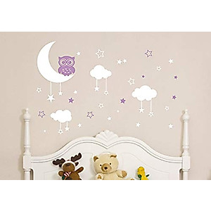 Nursery Wall Decals, Cute Owl Wall Decal, Kids Room Decal, Moon and Stars Decal, Nursery Decor, Cloud Wall Decals, Vinyl Stickers for Kids Baby Girls Boys Bedroom(Y19) (White,Purple)