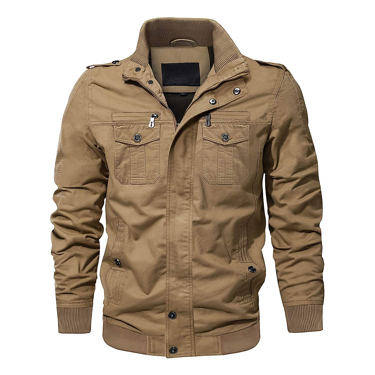 CRYSULLY Men's Bomber Jacket with Patches Cargo Cotton Utility Full Zip Military Jacket Khaki