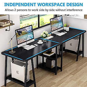 Tribesigns Two Person Desk, 94.5 Inch Double Computer Desk with Storage Shelves, Large Gaming Desk Studying Writing Workstation for Home Office, Black