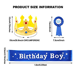 WILLBOND Birthday Crown, Sash and Button Pin Accessory Set for Boys Kids Theme Birthday Party Decoration