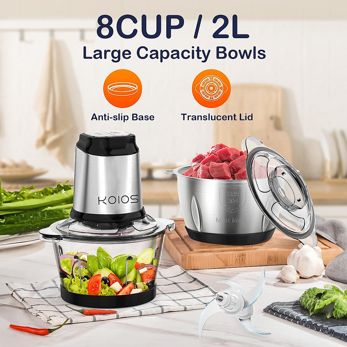 KOIOS 500W Powerful Electric Food Processor with 8 Cup Stainless Steel & Glass Bowls, 2 Speed Mode Electric Food Chopper with 2 Sets Blades Electric Meat Grinder Chopper for Family & Baby Use, Black