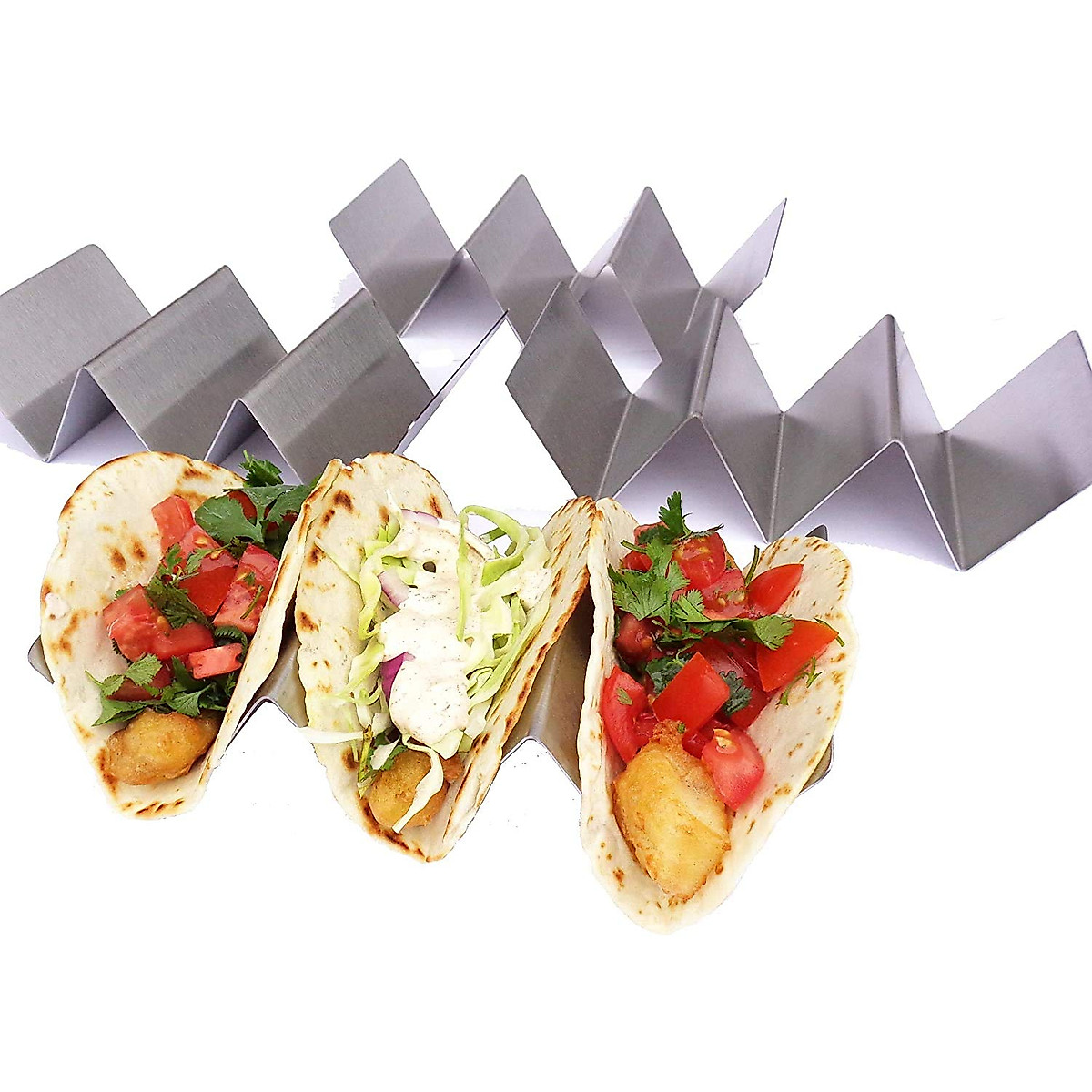Set of 4 Metal Taco Holders - Stainless Steel Taco Trays- Dishwasher, Oven, and Grill Safe - Great for Sandwiches and Hotdogs too (4)