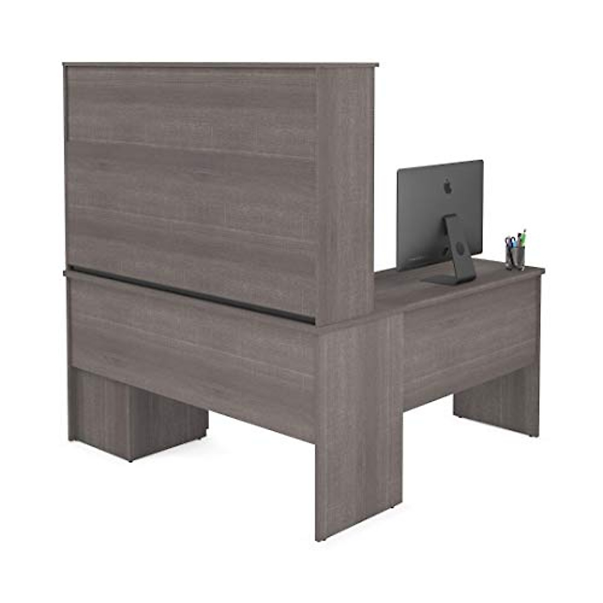 Bestar Innova L-Shaped Desk with Hutch, 60W, Bark Grey