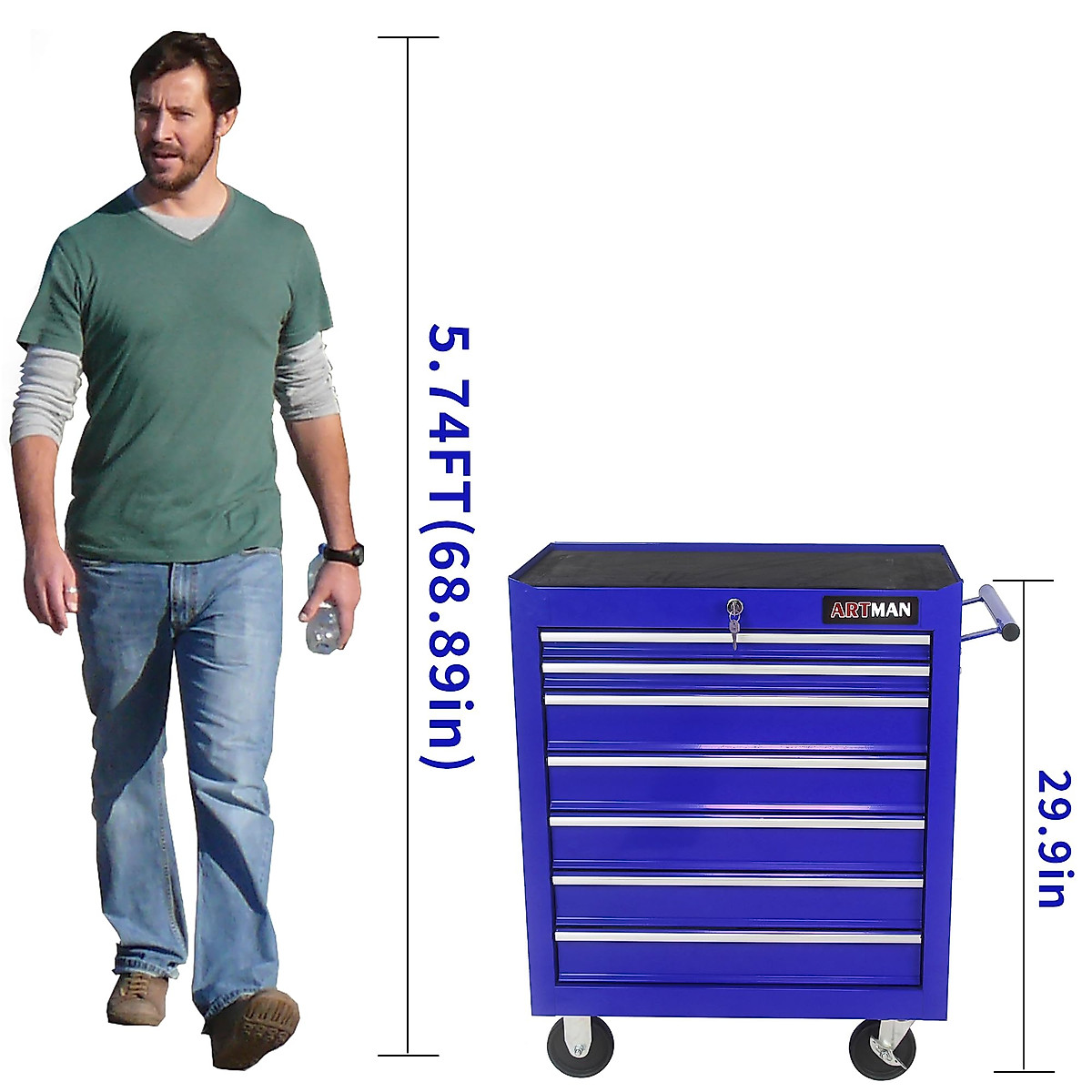 Tool Cart on Wheels 24.2in，7 Drawers Rolling Tool Box，Locked Drawers Storage Organizer Cabinet for Garage, Warehouse, Repair Shop, Workshop