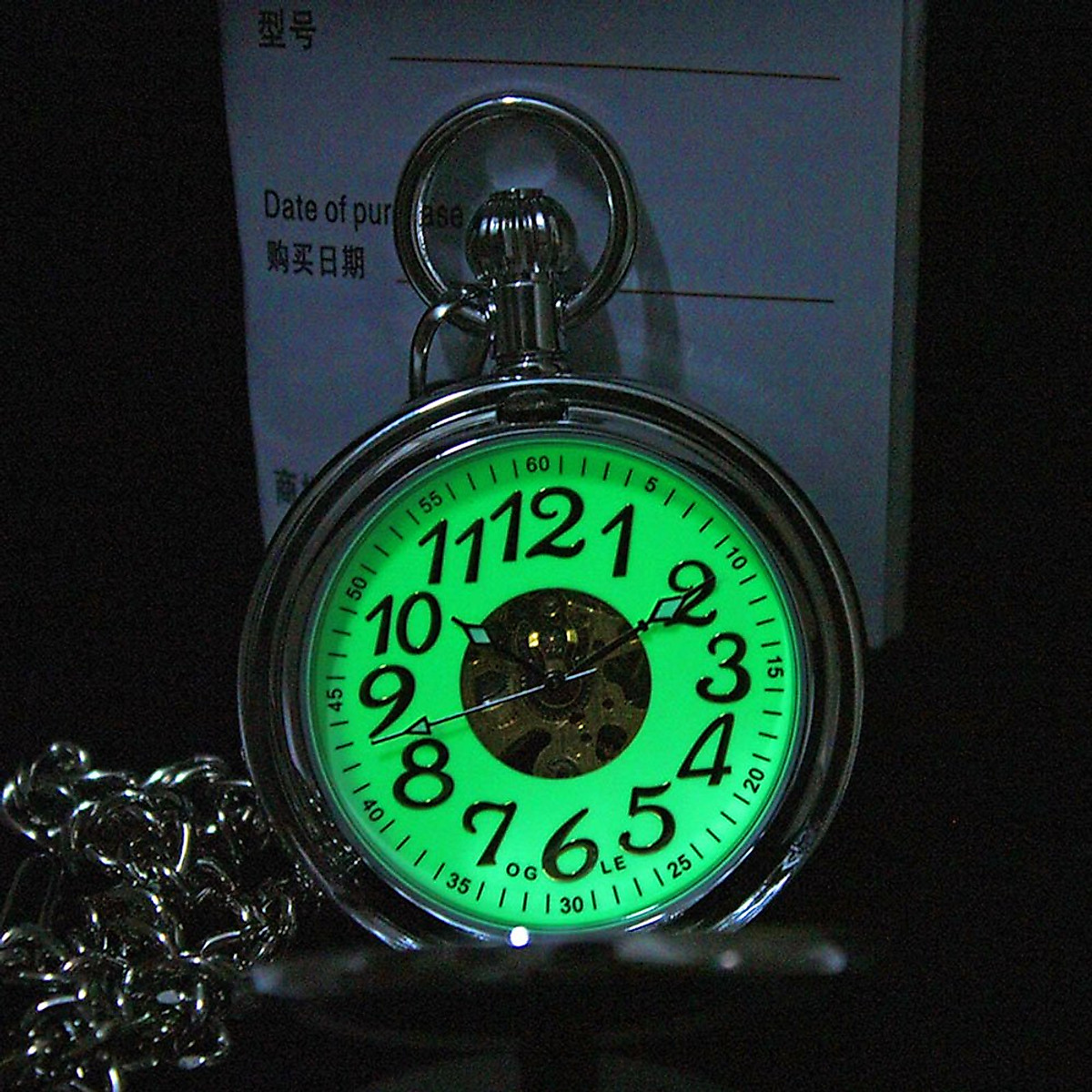 OGLE Waterproof Silver Magnifier Tourbillon Phases Moon Chain Fob Self Winding Automatic Skeleton Half Hunters Mechanical Pocket Watch (Silver Luminous)