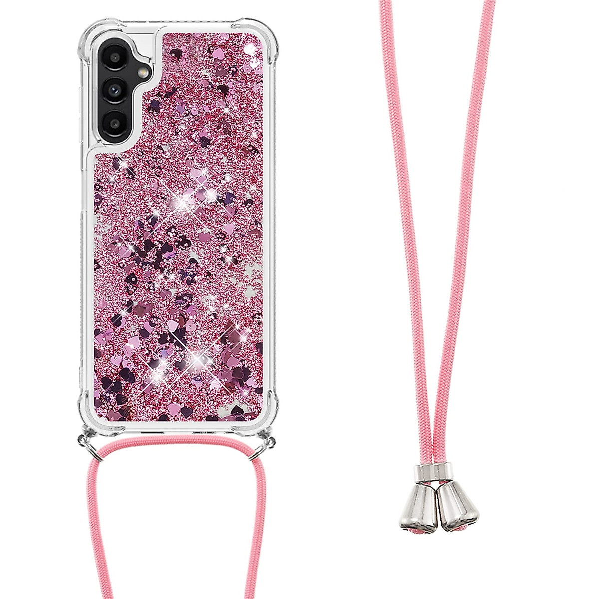 Ephoou Glitter Case for Samsung Galaxy A14 with Adjustable Lanyard Neck Strap, Sparkle Transparent Quicksand Waterfall Soft TPU Liquid Cover for Samsung Galaxy A14 4G/ 5G LSGS-Rose Gold