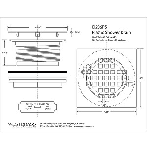 Westbrass D206PS-62 4-1/4" Square Grate Shower Drain Cover with 2" SCH 40 PVC Drain Pipe, Matte Black