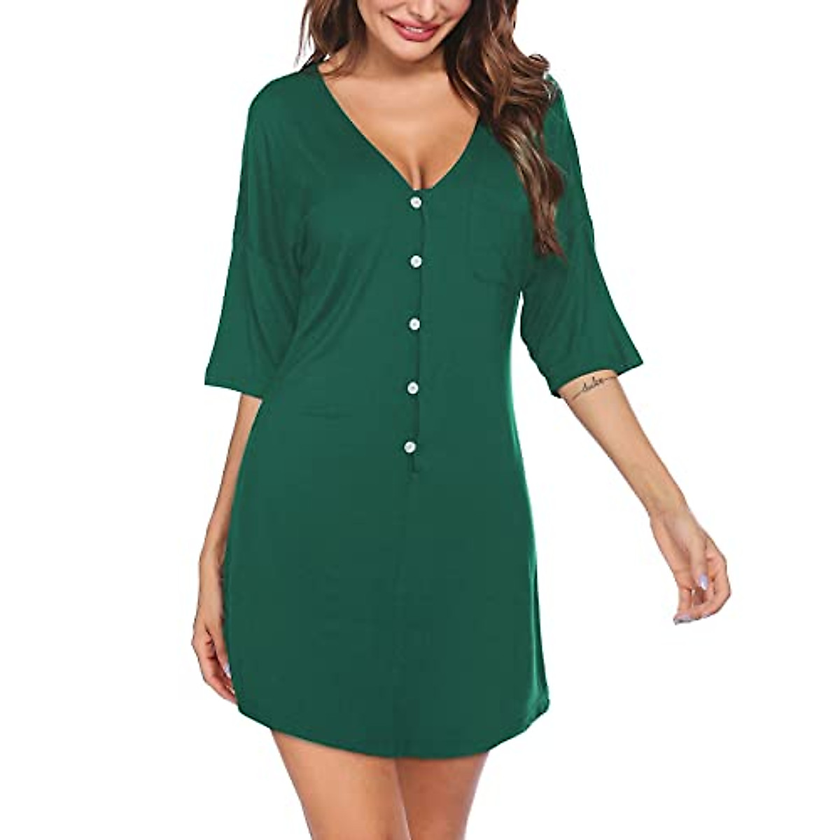 Ekouaer Nightgown Button Down Nightshirt Short V Neck Night Shirts Womens Boyfriend Sexy Sleepwear S-XXL