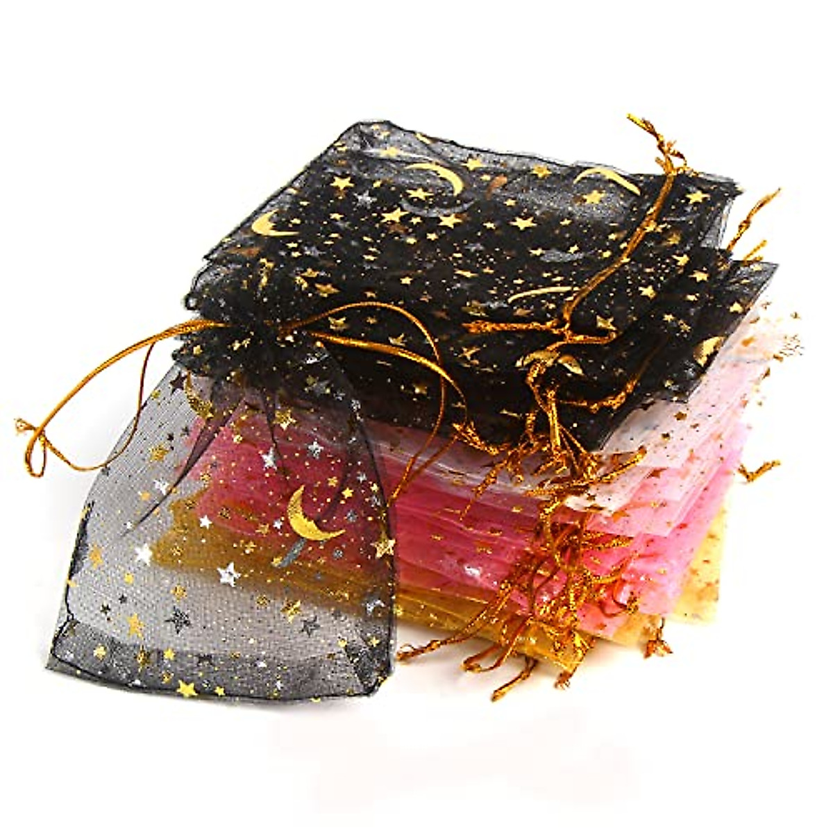 FOIMAS 100pcs Organza Drawstring Gift Bag,3.5x4.7 Inch Sheer Moon Star Organza Jewelry Bags for Wedding Baby Shower Party Favor Supply