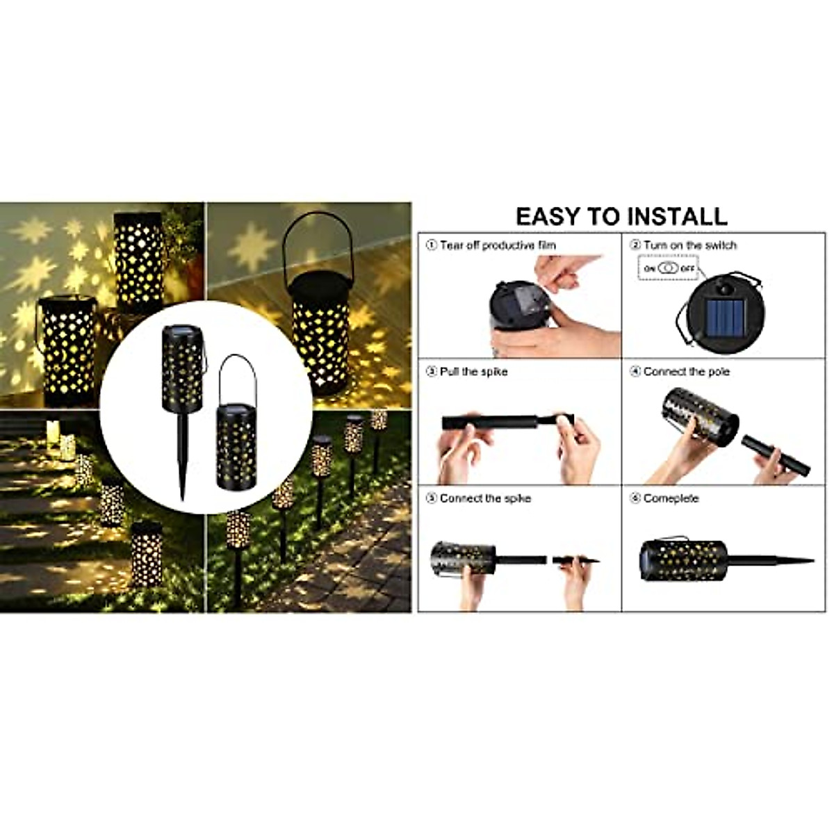 TZSSP Solar Pathway Lights Outdoor Solar Powered Garden Lights Metal Waterproof LED Path Hanging Solar Lights Star Moon Solar Landscape Lights Outdoor for Walkway, Garden, Patio, Lawn, Yard，6 Packs