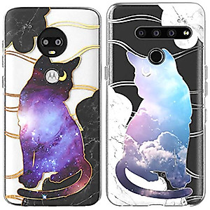 Toik Matching Couple Cases for Apple iPhone 11 Pro Xs Max Xr 10 X 8 Plus 7 6s 5s SE Marble Cute Lightweight Girly Girlfriend Boyfriend TPU Space Cats Print Sky Protective Soulmate Flexible Moon Clouds