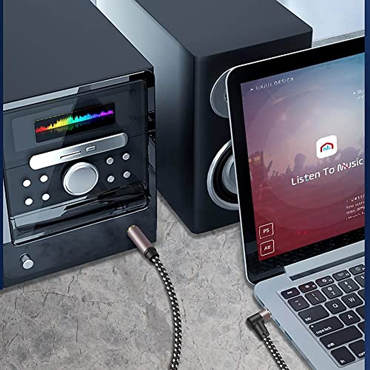 3.5mm Audio Cable 20FT, 90 Degree Right Angle 3.5mm(1/8" TRS) Male to Male Auxiliary Stereo Cable Gold Plated Nylon Braid HiFi Audio Cord for Car, Headphone,iPhones, Tablets