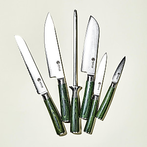 HexClad 7 Piece Knife Set - 6 Piece Damascus Essential Knife Set & Magnetic Knife Block, Comes with Chef's, Santoku, Bread, Utility and Pairing Knife and Walnut Knife Block
