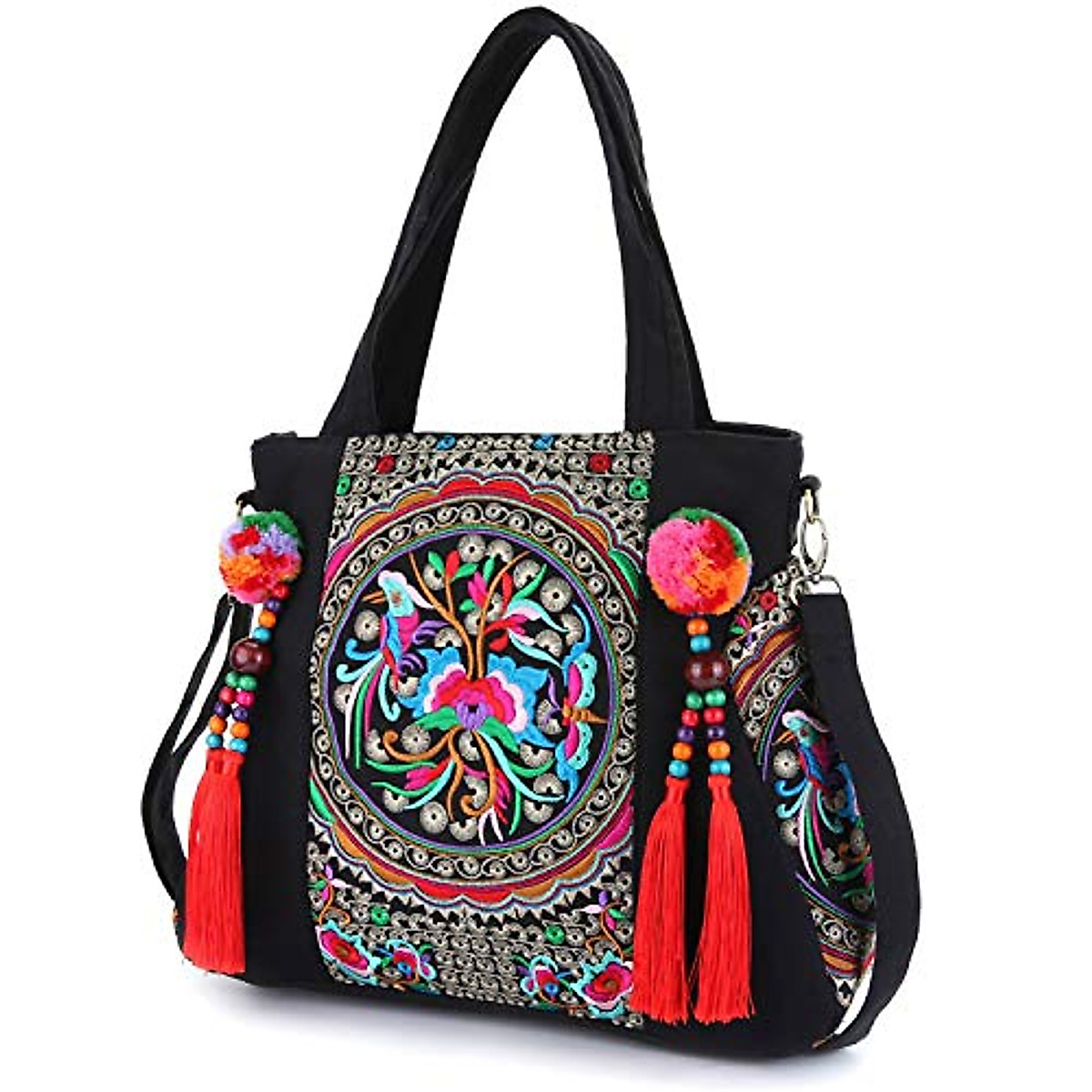 Embroidered Tassels Tote Shoulder Bag Casual Canvas Handbag Cross Body Bag