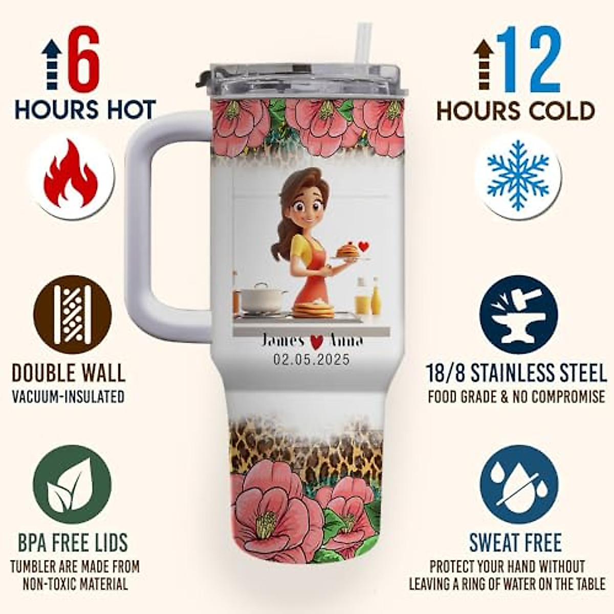 Personalized 40oz Tumbler with Handle – wedding send-off-Custom Couple Gift for Anniversary Wedding Gift, Birthday, Mother's Day, Valentine’s Day 41r339