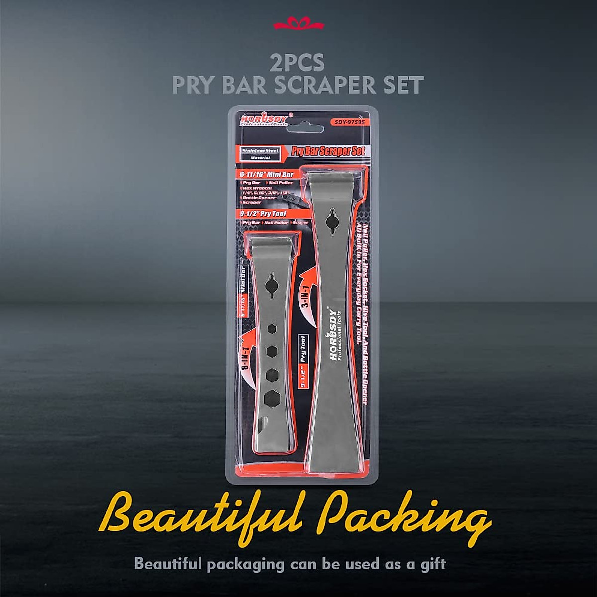 HORUSDY 2-Piece Stainless Steel Pry Bar Scraper Set, 6-11/16” and 9-1/2” Flat Pry Bar