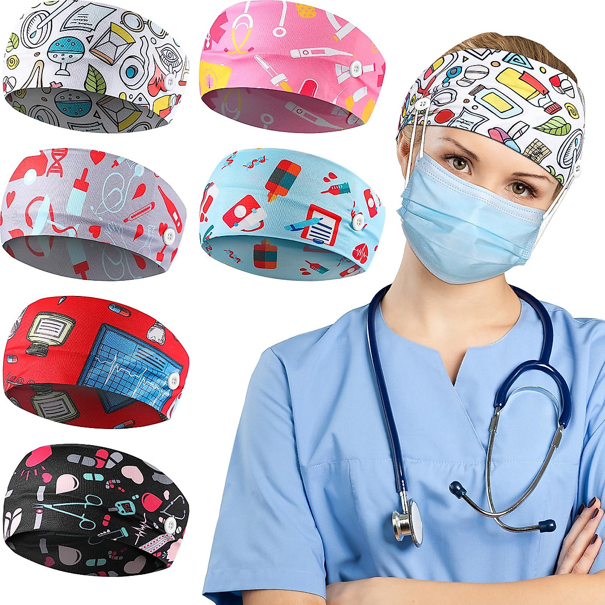 6 Pieces Button Headbands Non Slip Nurse Headbands Stretchy Headwraps Nonslip Yoga Sweatbands with Ear Protection Holder Elastic Headscarves for Yoga, Running, and Exercise, 6 Styles (Cute Pattern)