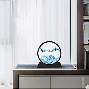 MUNSCVUS Moving Sand Art Picture in Motion, Round Tempered Glass 3D Deep Sea Sandscapes with Display Flowing Sand Frame for Relaxing Desktop Home Office Work Décor for Kids Adults (Blue, 12inch)
