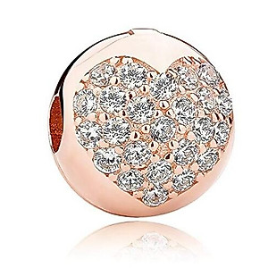 Pink Cherry Blossom CZ Clip 925 Sterling Silver Bead love heart Charm Clip Charm Lock Stopper Charm Spacer Charm for Pandora Charms Bracelet (Rose Gold Love Charms)