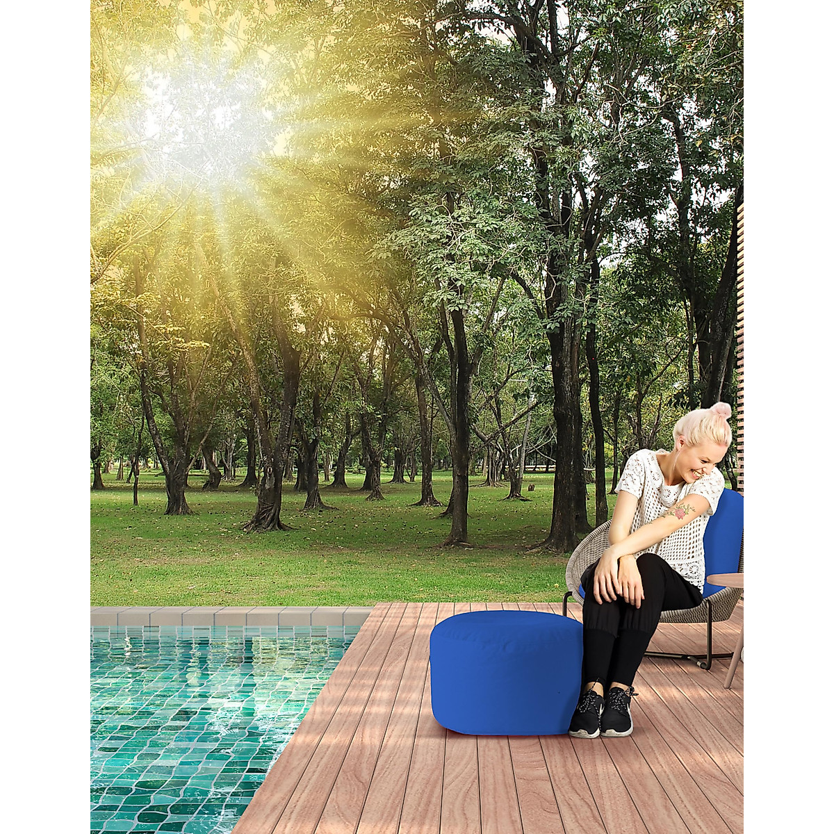 Gouchee Home Dotcom Soleil Bean Bag Round Ottoman/Pouf - Waterproof, Fade-Resistant Footrest for Indoor/Outdoor - Filled with High-Density Polystyrene Beads, Double-Stitched Seam, Blue, 20" D x 12" H