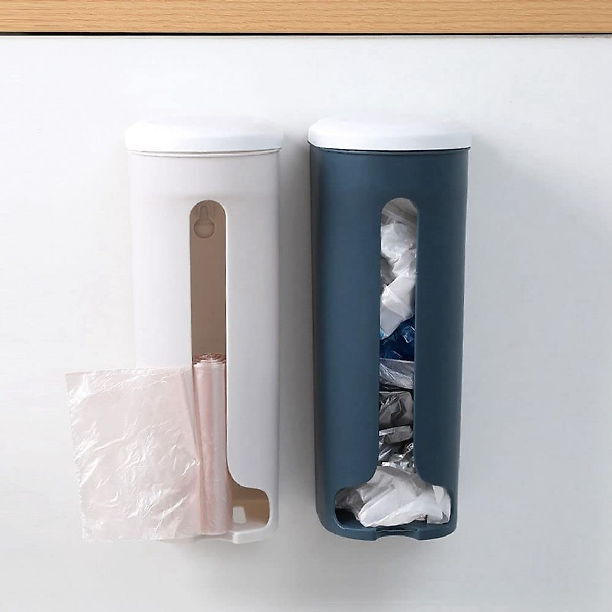 Plastic Bag Holder,Kitchen Trash Bag Dispenser Roll Holder,Grocery Bags Wall Mount Storage,Easy Hanging Over Cabinet Door Under Sink Bag Saver(blue)