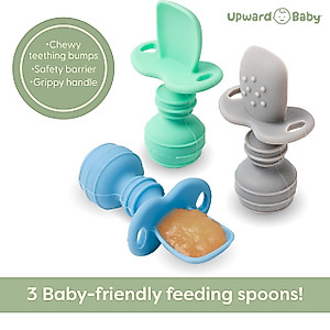 Upward Baby Spoons 3 pack - Baby Spoons Self Feeding 6 Months - Chewable Toddler Utensils with Anti Choke Barrier - Silicone baby spoons - Baby Utensils & Baby Feeding Supplies Infant First Stage