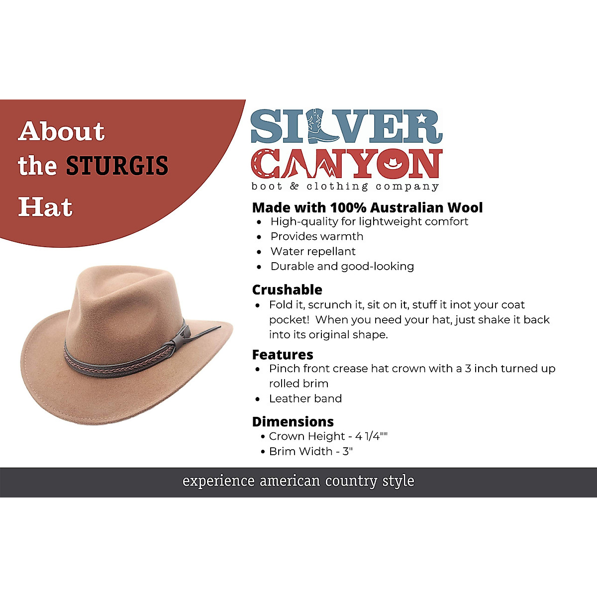 Sturgis Crushable Wool Felt Outback Western Style Cowboy Hat by Silver Canyon, Black