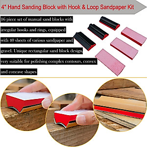 16-Piece Contoured Profile 4" Hand Sanding Block Set with 40 Sheet Hook & Loop Sandpaper Kit - Interchangeable Assorted Convex & Concave Shapes for Woodworking Furniture, Auto Paint and Crafts